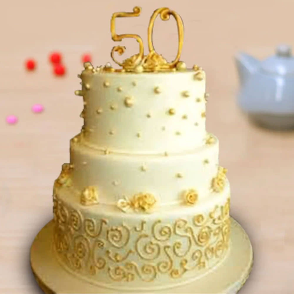 Buy Round Golden Jubilee Anniversary Fondant Cake Online - Order Now